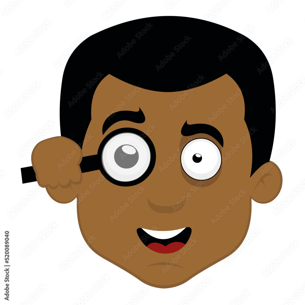 Vector illustration of the face of a cartoon bald man observing with a ...