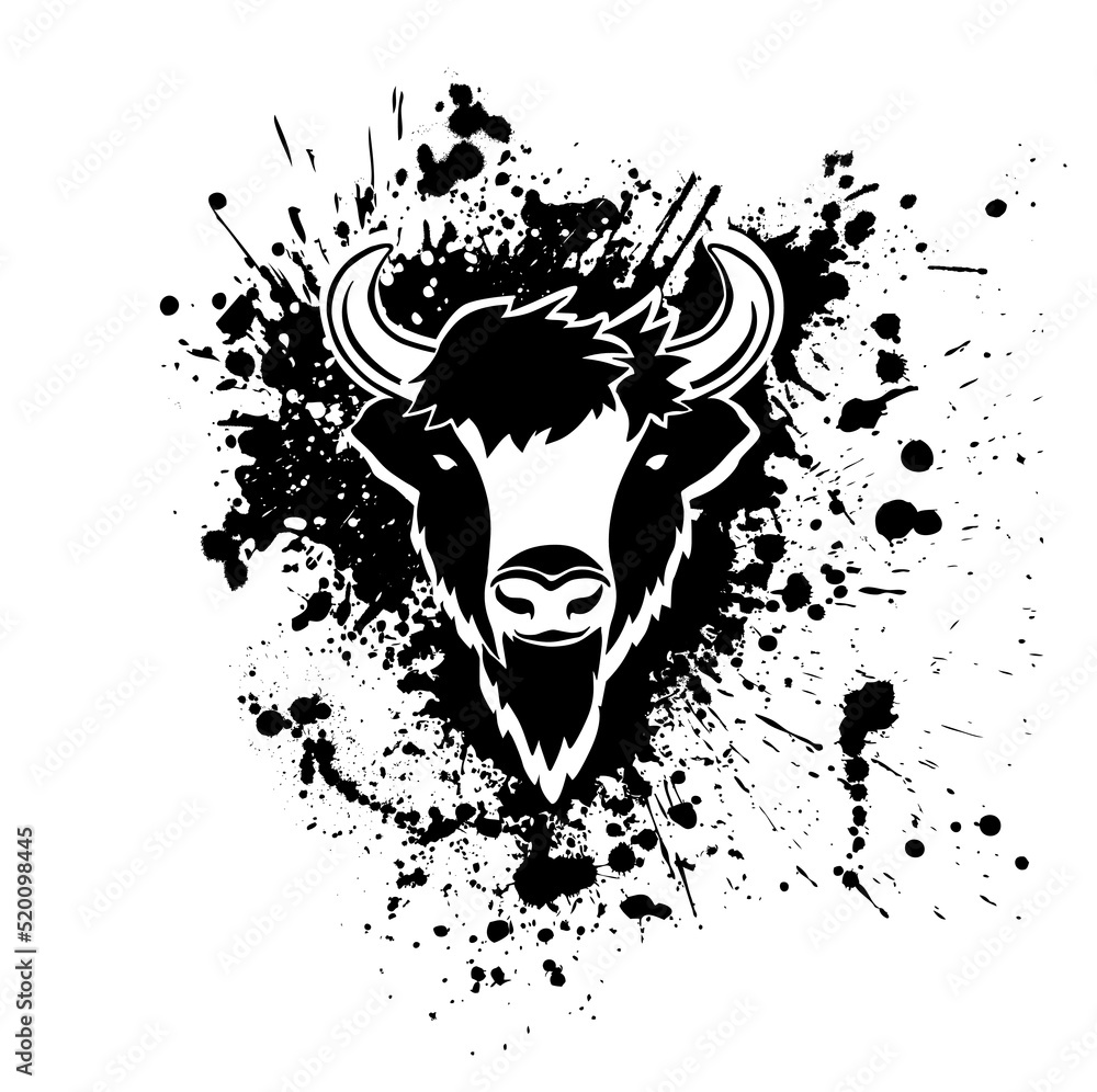 Bison logo with black blots of paint. Bison head. Vector illustration ...