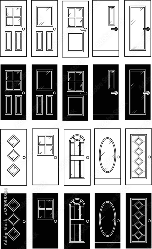 Exterior Front Door with Glass Windows Clipart Set - Outline and ...