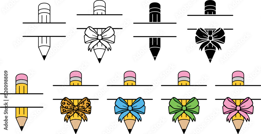 Vetor de School Pencil with Bow Name Label Clipart Set - Outline ...