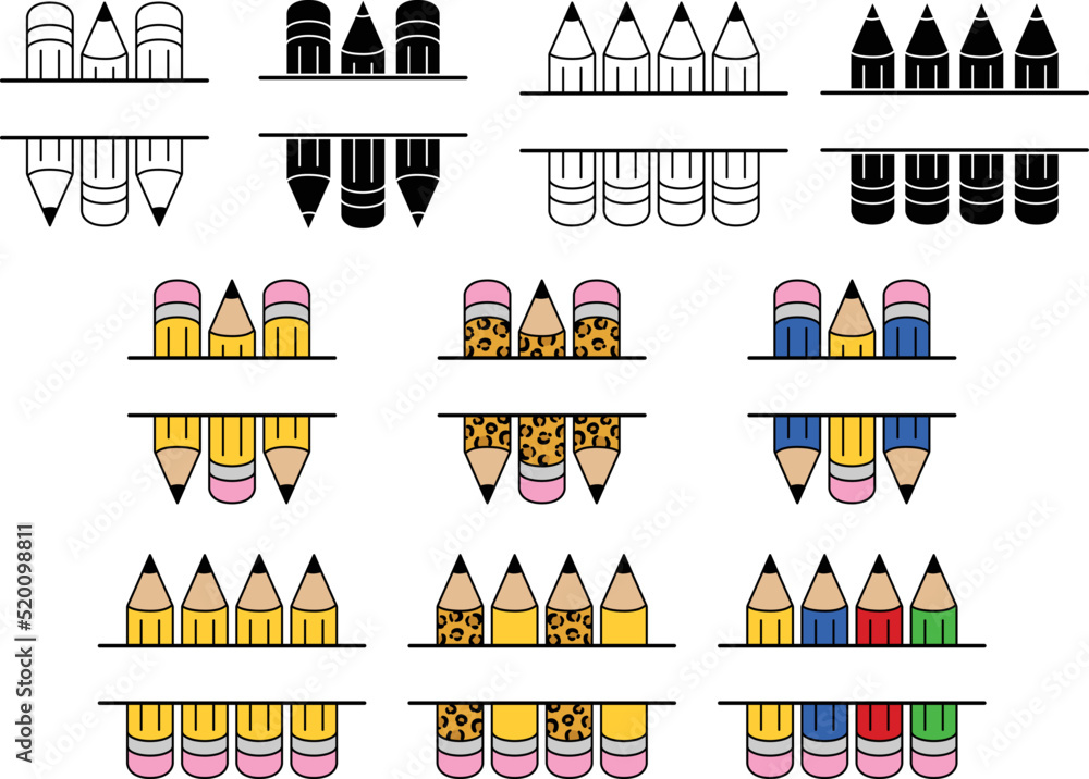 School Pencil Label Clipart Set - Outline, Silhouette and Color Stock ...