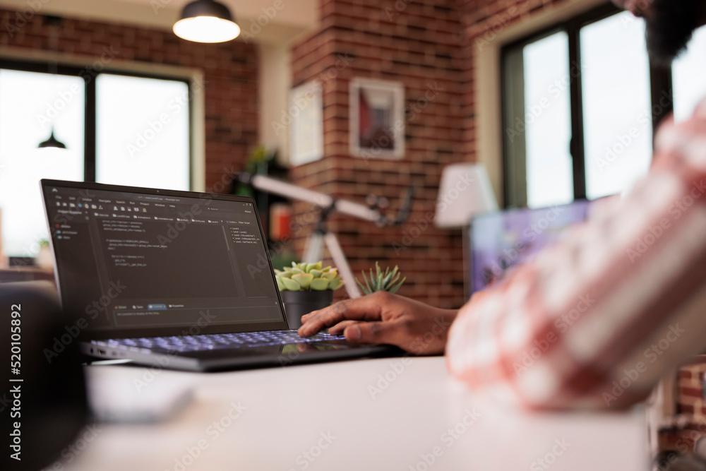 African american engineer programming app code, developing online software with cloud server and ...