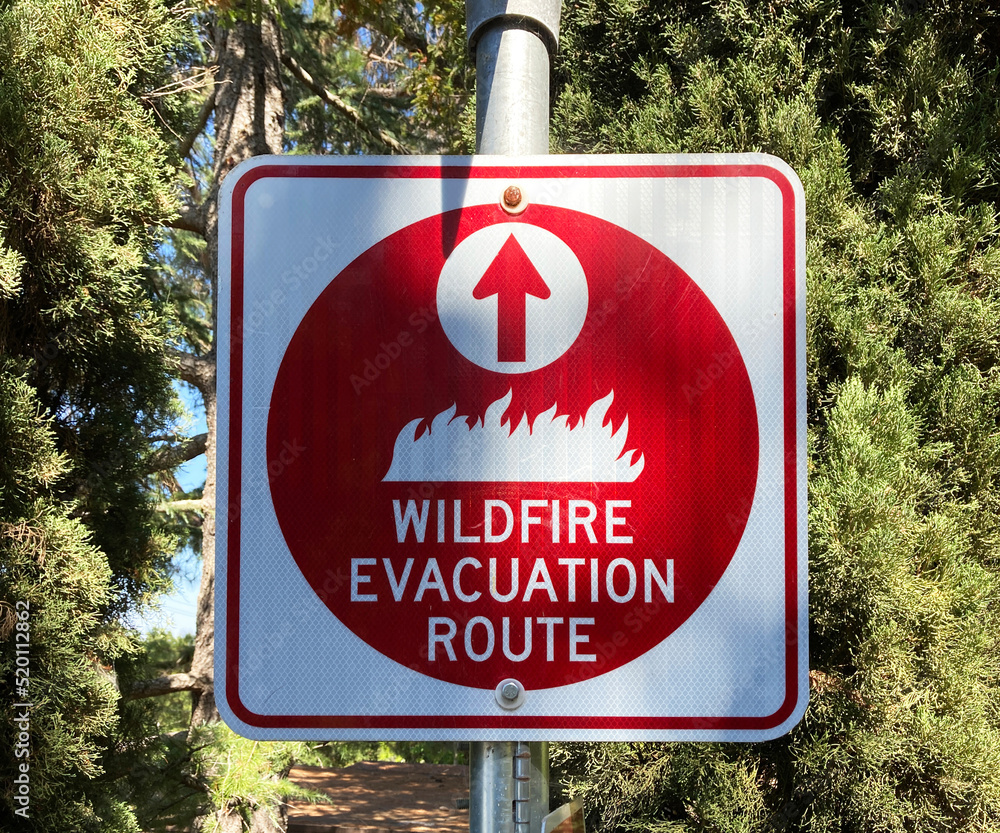 Poster Red wildfire evacuation route sign with ahead arrow that point ...
