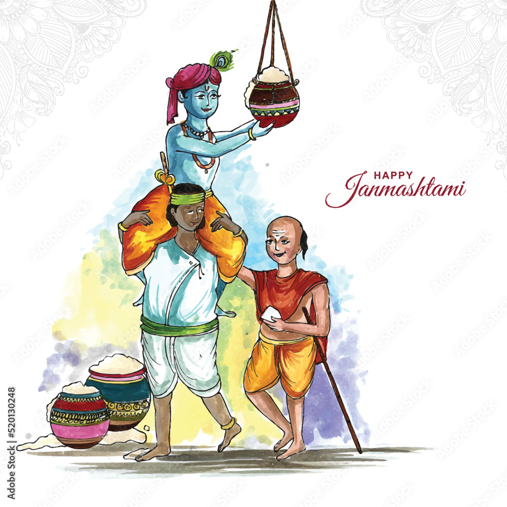Lord krishna with friends playing dahi handi in janmashtami card ...