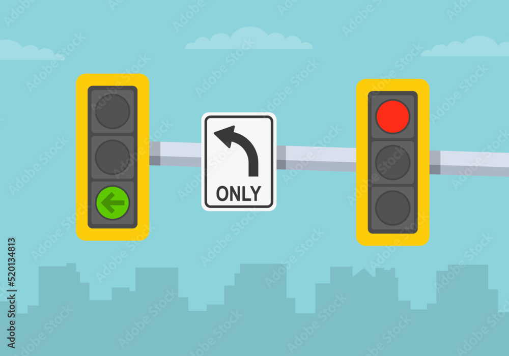 Traffic regulations. Close-up view of a traffic signal and left lane ...