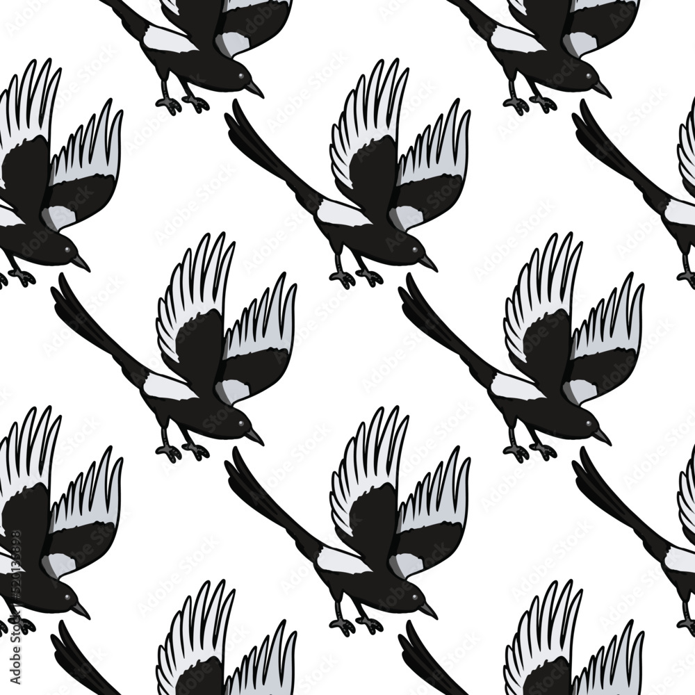 Cute cartoon magpie doodles seamless border pattern. Crow or bird ...