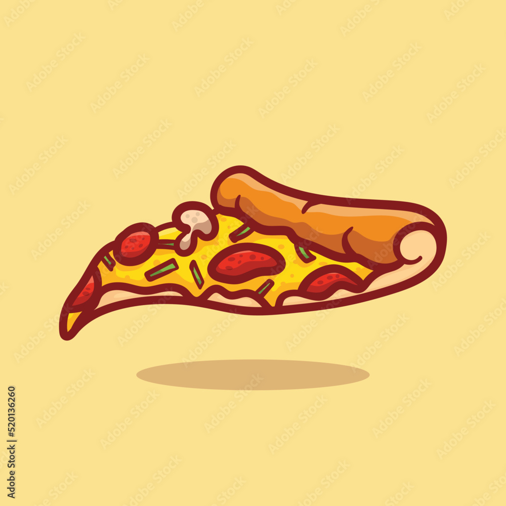 Pizza slice with melted cheese and pepperoni. Cartoon sticker in comic ...