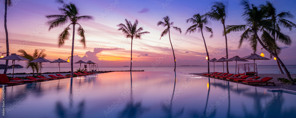 Fantasy dream outdoor infinity swimming pool with fantastic sunset ...