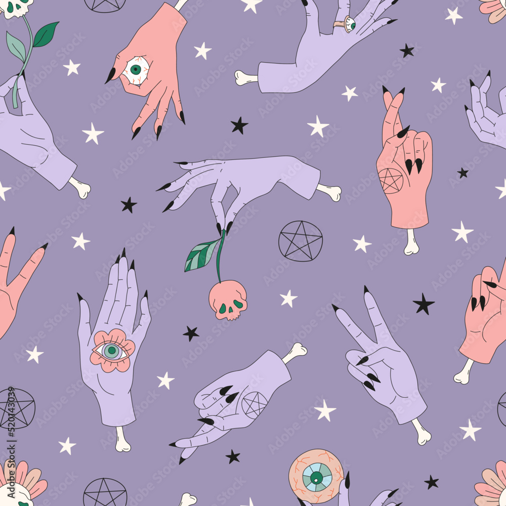 Mystic Spooky Witchy Zombie Hands gestures vector seamless pattern ...