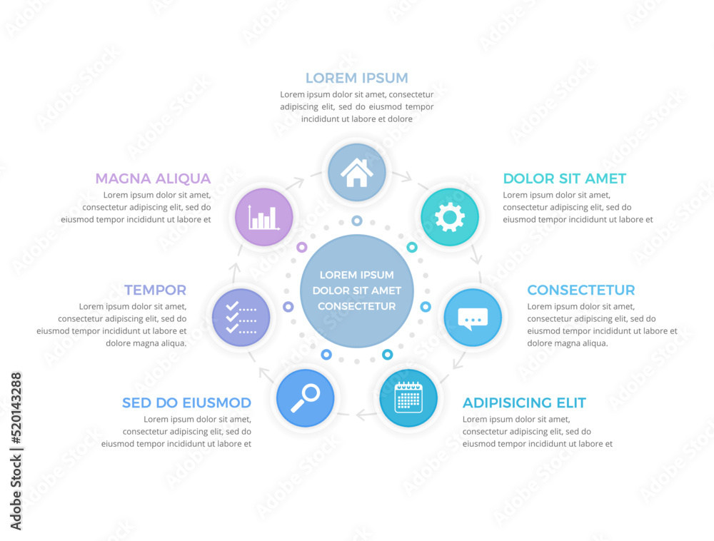 Circle diagram template with seven steps or options, process ...
