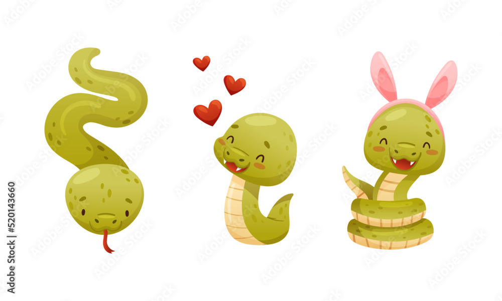 Cute Green Baby Snake as Crawling Creature Wearing Bunny Ears and in ...