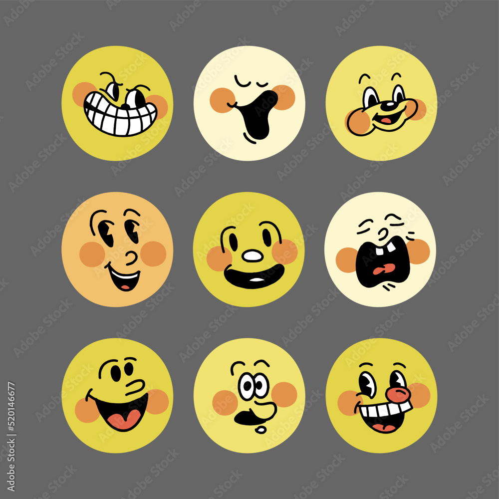 Smiley retro emoji. The faces of cartoon characters of the 30s big set ...
