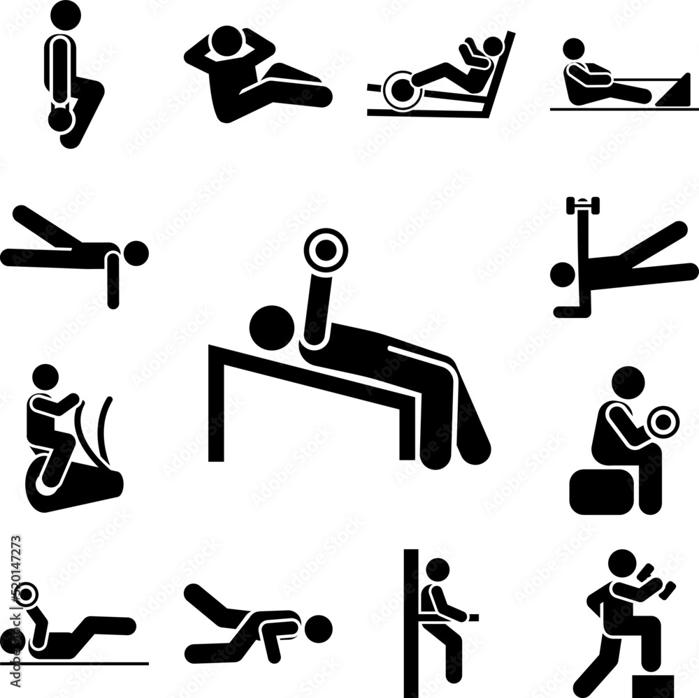 Gym hack squat man sport with arrow pictogram icon in a collection with ...