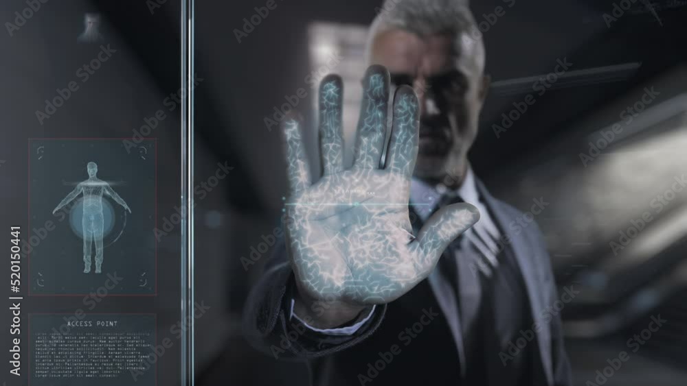 businessman handprint scan control to access office,security door id ...