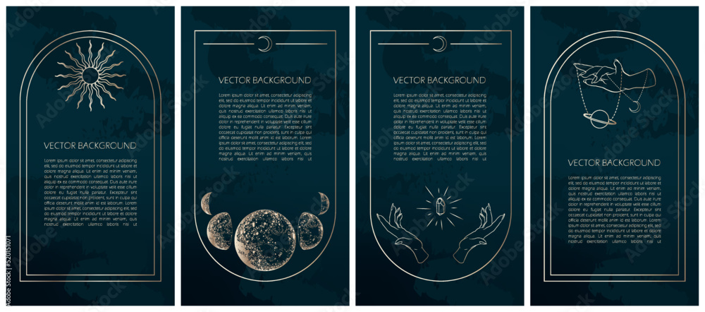 Set of golden celestial mysterious vector illustrations for stories ...