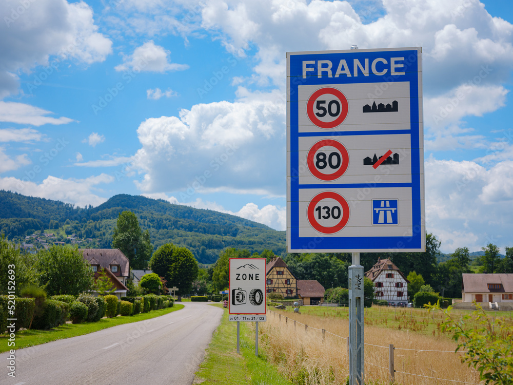 Sign of Speed limits at the French border Stock Photo | Adobe Stock