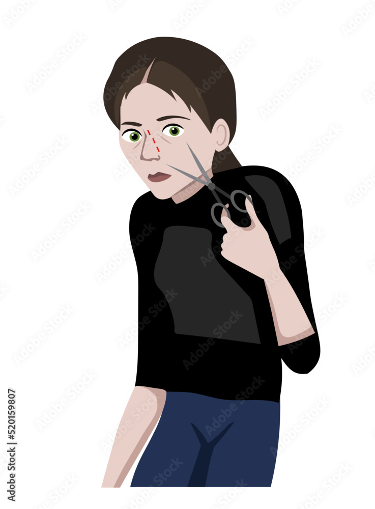 Body dysmorphic disorder, dysmorphophobia. Sad woman holding scissors ...