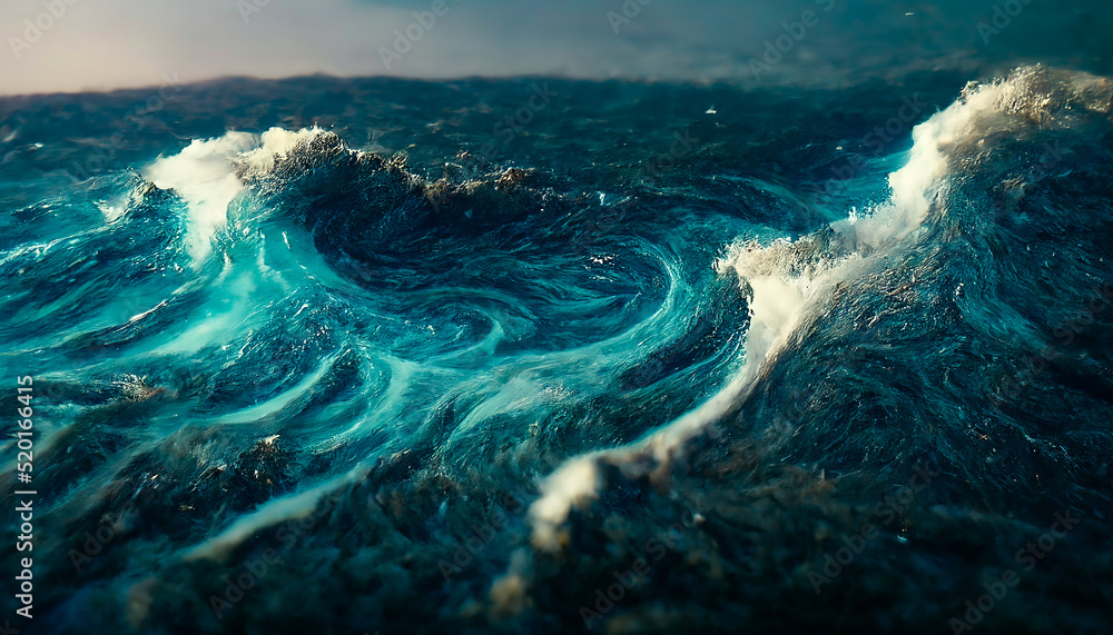 Fantasy seascape with beautiful waves and foam. Foam on the waves of water. Top view of the ...