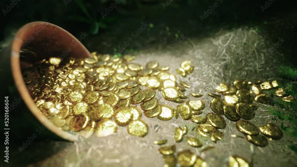 Ancient gold coins spilled out of a clay pot. The concept of wealth ...