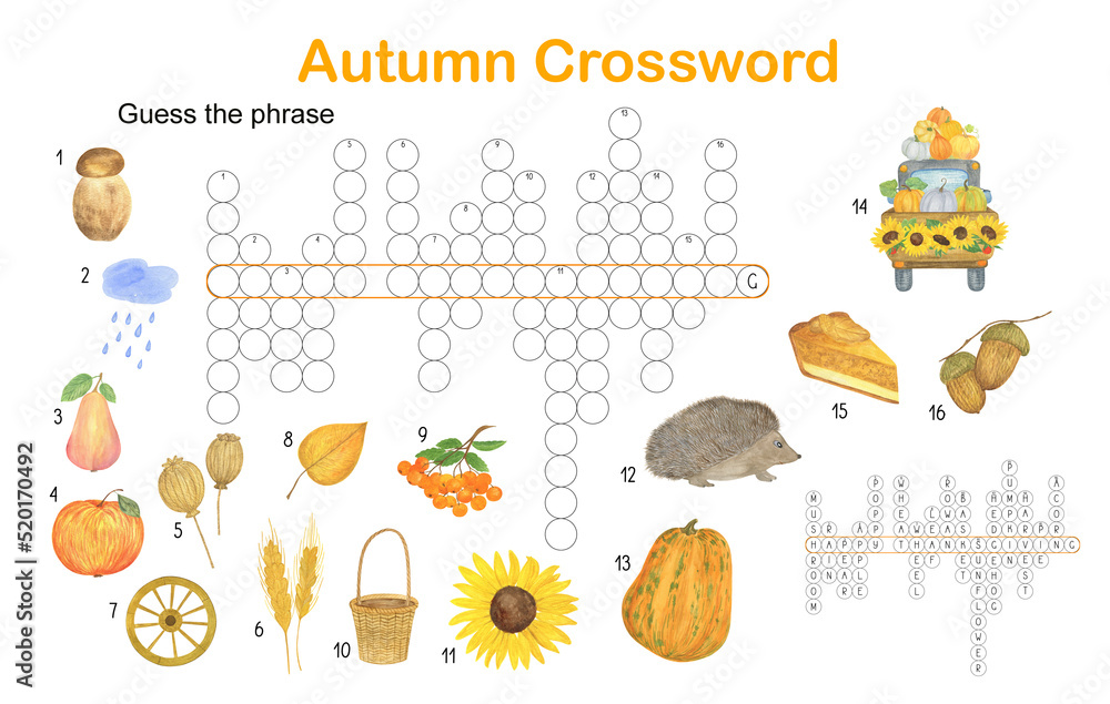 Fall seasonal crossword word search puzzle, autumn watercolor ...