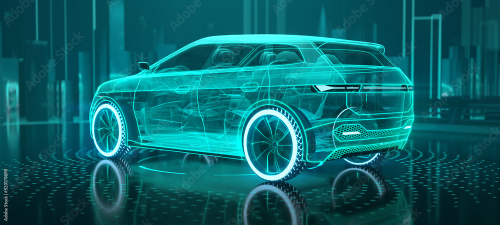 Augmented reality of wireframe car concept on the road and futuristic ...