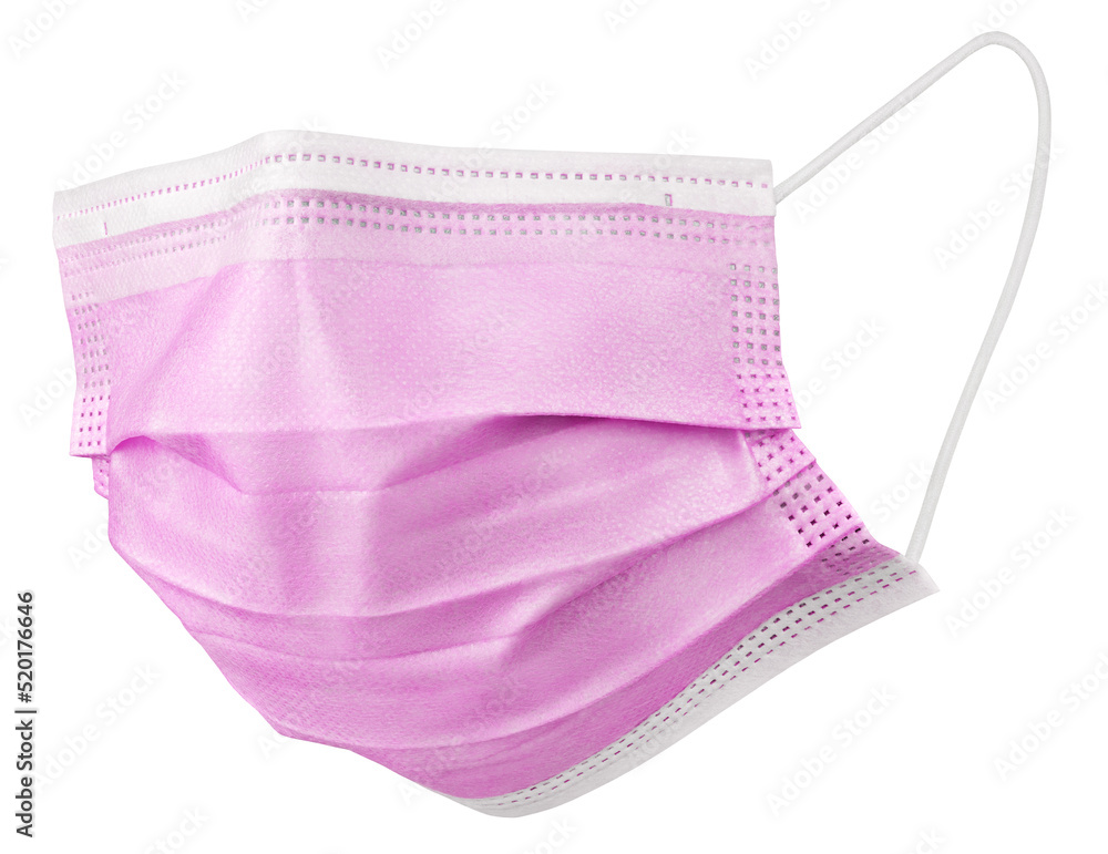 Pink medical protective face or surgical earloop mask isolated on white ...