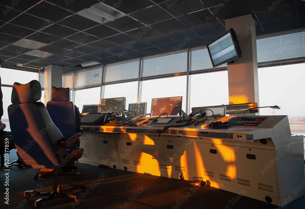 The workplace of the flight dispatcher in the airport. Flight control ...