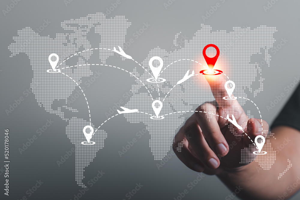 Businessman finger point to business data digital world map global ...
