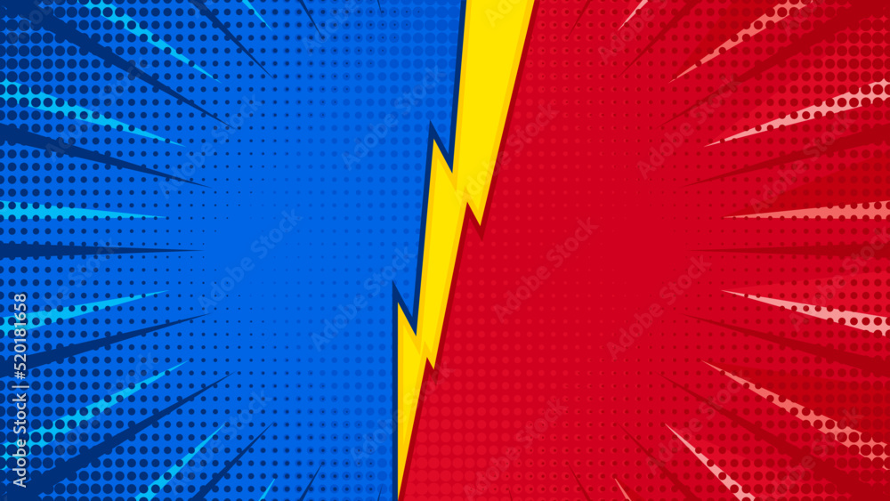 Blue and red comic book background versus vintage pop art superhero ...