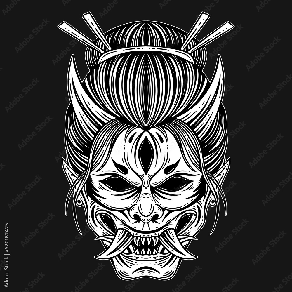 Dark Art Horror Japanese Geisha Girl With Devil Mask Face Tattoo Hand ...