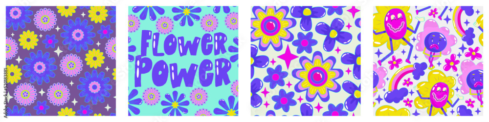 Daisy flower power poster set for print design. Abstract trippy ...