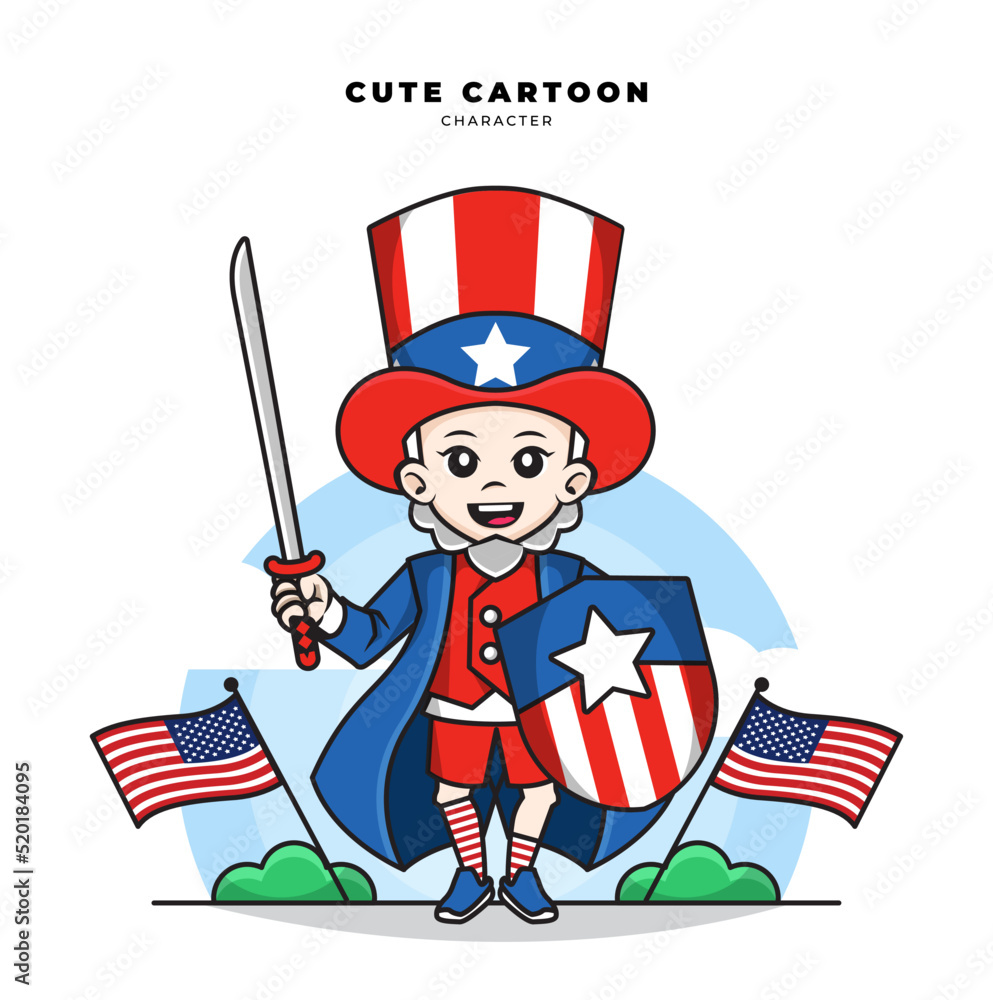 Cute cartoon character of uncle sam is holding swords and shield Stock ...