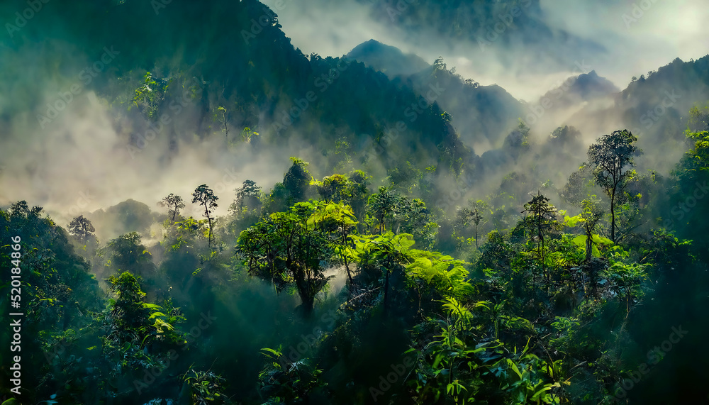 Exotic foggy forest. Jungle panorama, forest oasis. Foggy dark forest ...