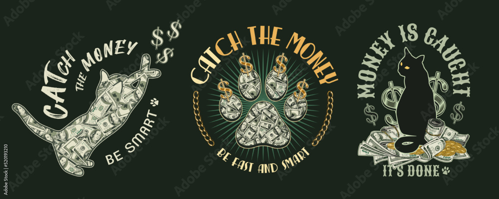 Set of labels with silhouette of cat, 100 US dollar bills, gold coins ...