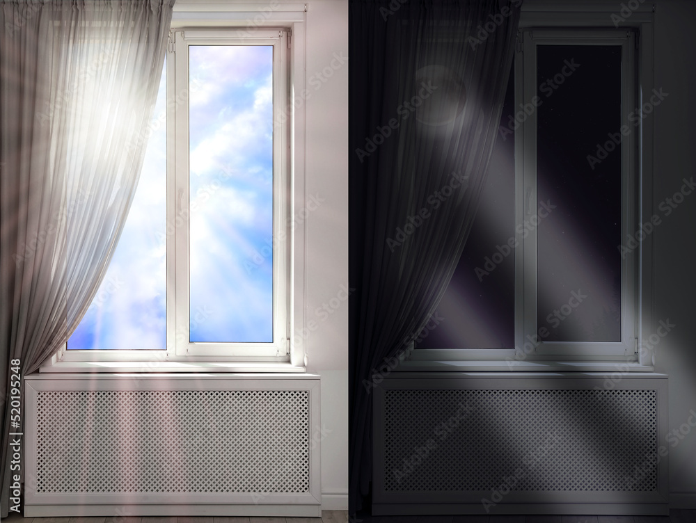 Beautiful view of sky through windows in day and night, collage Stock ...