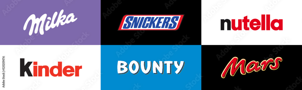 Logos of the most popular sweets. Milka, Snickers, Nutella, Kinder ...