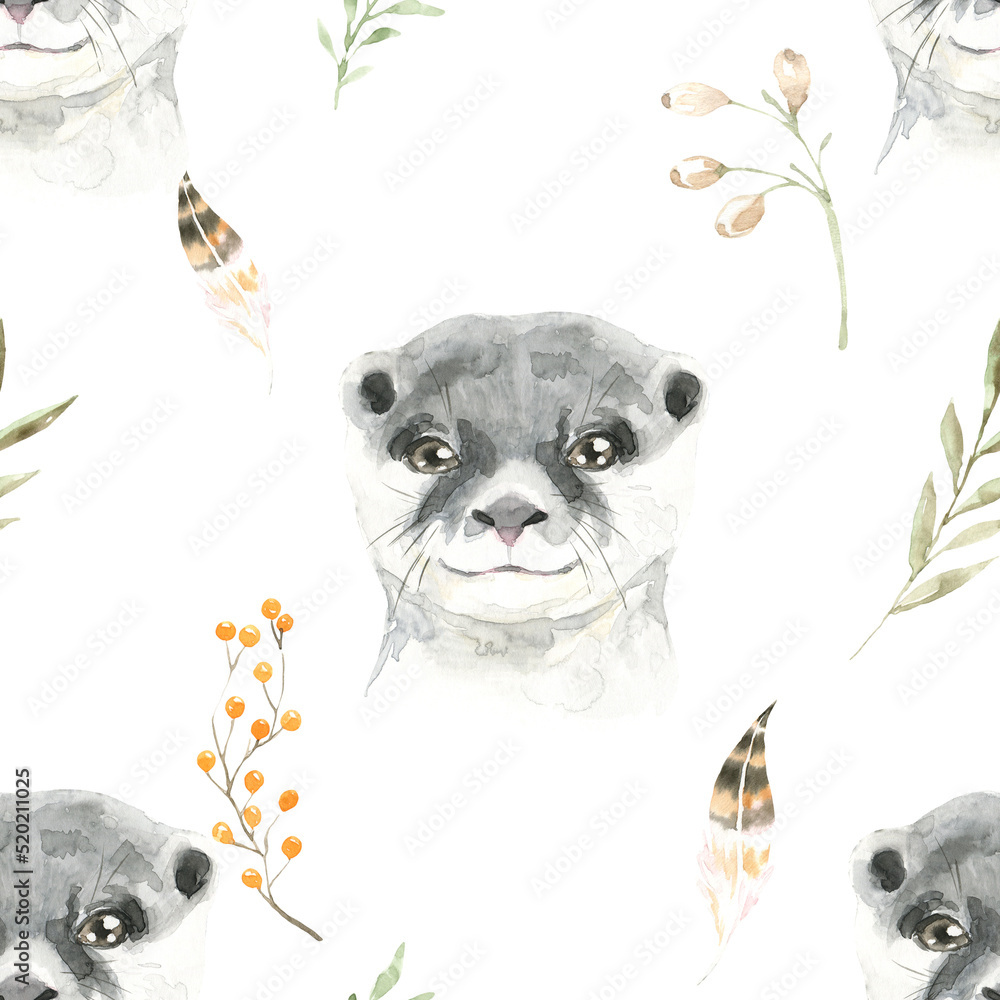 Watercolor woodland otter animals nursery cute seamless pattern ...