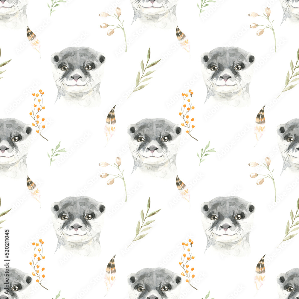 Watercolor woodland squirrel animals nursery cute seamless pattern ...