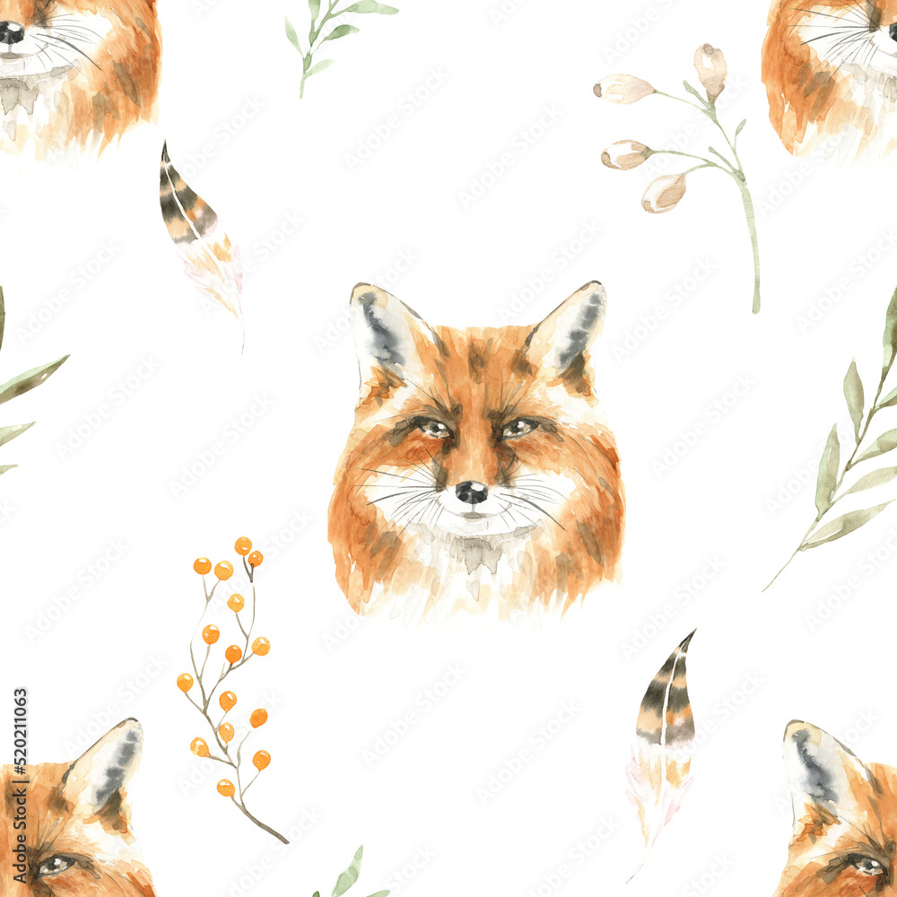 Watercolor woodland fox animals nursery cute seamless pattern ...