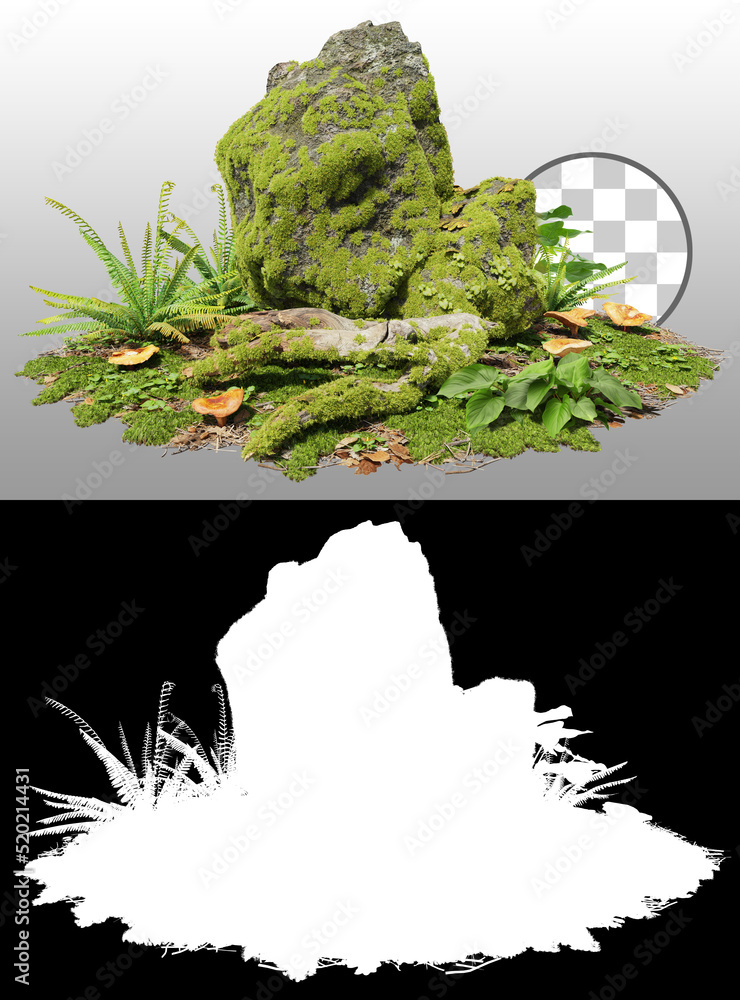 Cutout mossy rock surrounded by vegetation in the forest. Ancient ...
