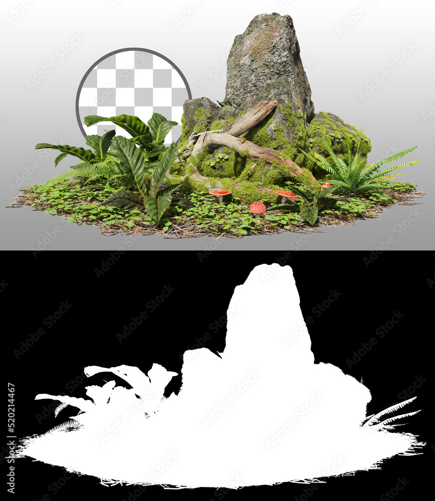 Cutout mossy rock surrounded by vegetation in the forest. Ancient ...