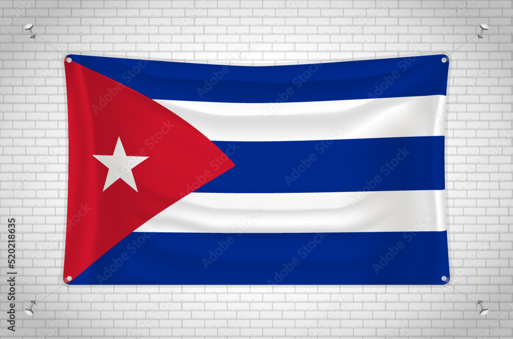 Cuba flag hanging on brick wall. 3D drawing. Flag attached to the wall ...