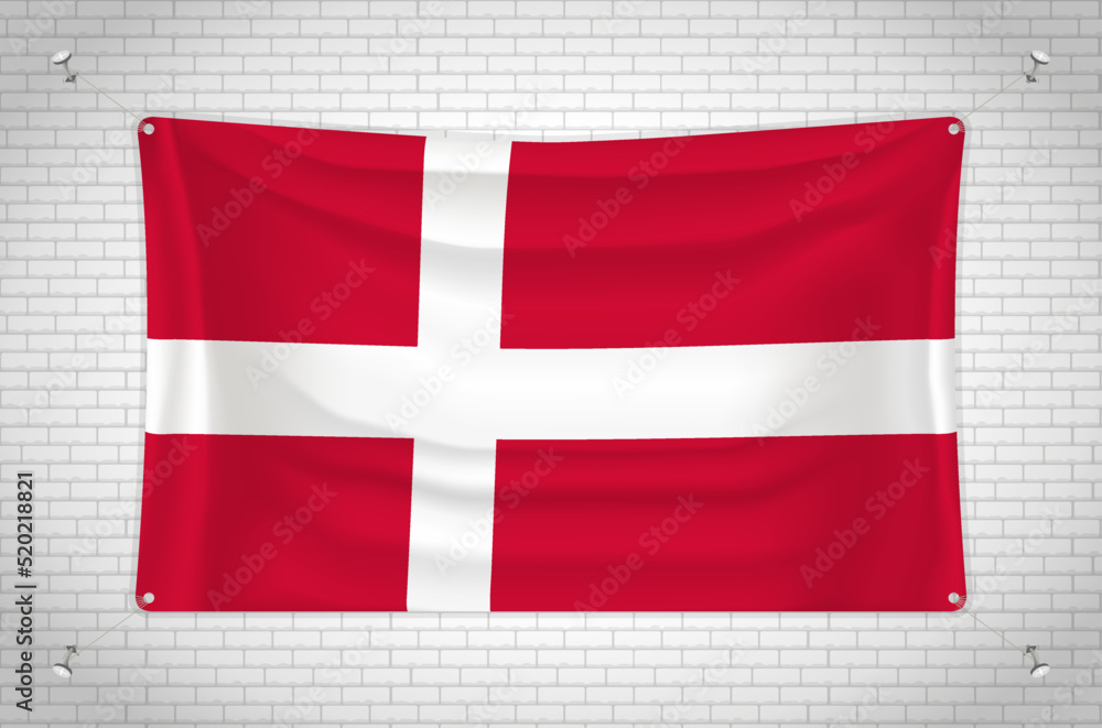 Denmark flag hanging on brick wall. 3D drawing. Flag attached to the ...