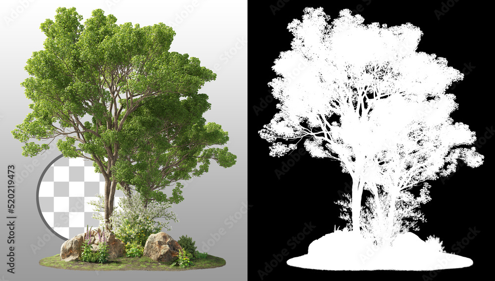 Group of trees among the rocks. Cutout trees isolated on transparent ...
