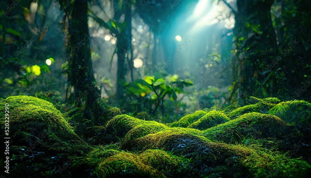 Exotic foggy forest. Jungle panorama, forest oasis. Foggy dark forest ...
