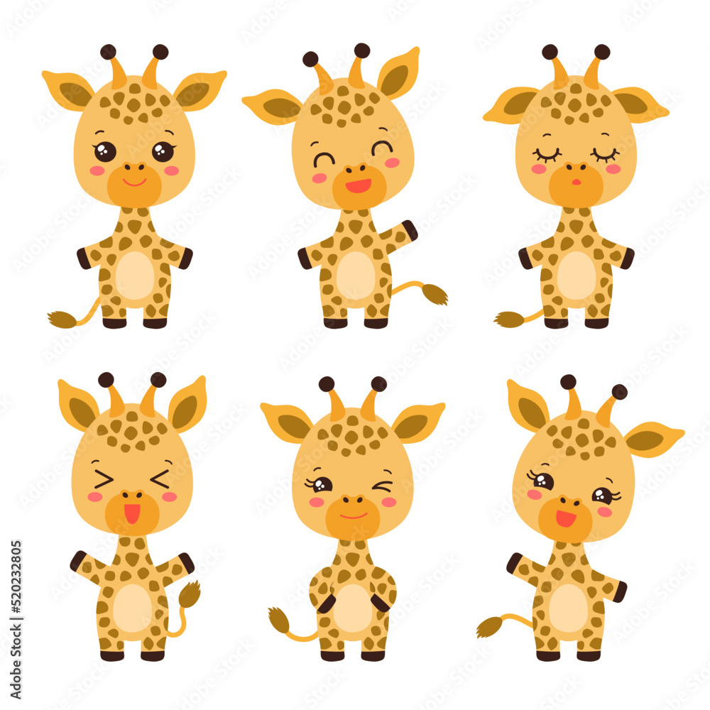 Kawaii giraffe emoticons facial expressions. Emoji animal icons ...