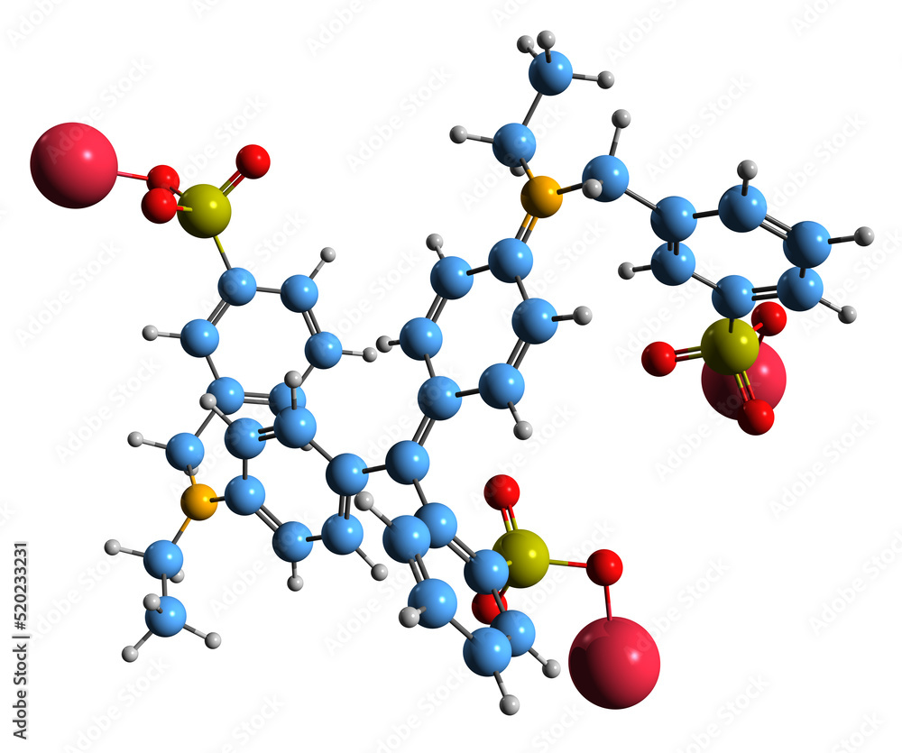 3D image of Brilliant blue FCF skeletal formula - molecular chemical structure of E133 isolated ...