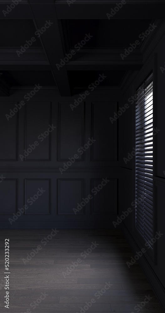 Dark blue almost black wall with molding and wood parquet floor ...