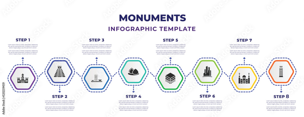 monuments infographic design template with cathedral, maya pyramid ...