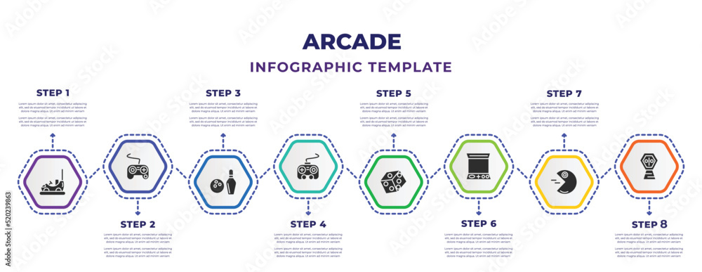 arcade infographic design template with bumper car, game controller ...